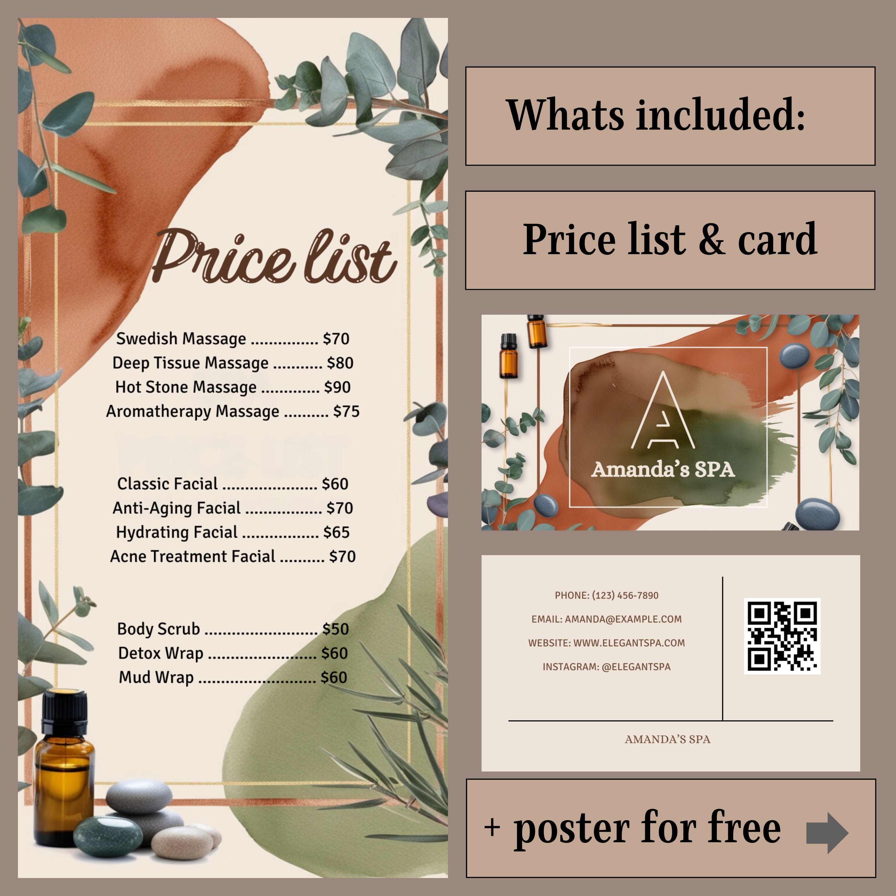 Editable Spa Price List and Business Card for Spa Owners Canva Template ...