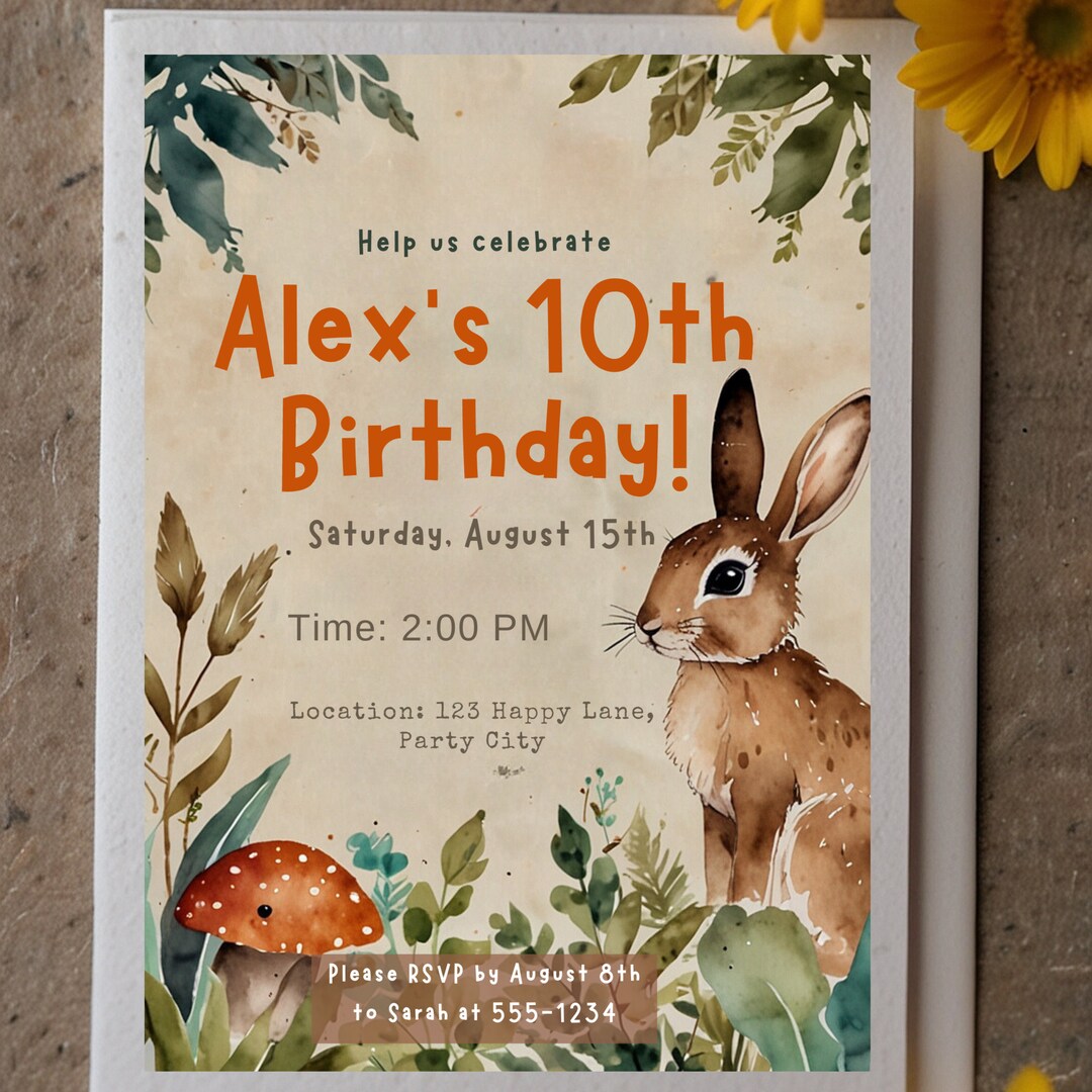 Editable Woodland Bunny Theme Birthday Invitation Template Digital ...