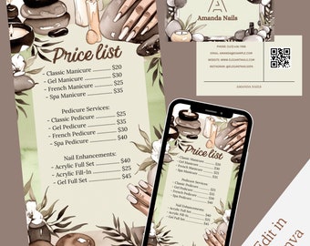 Elegant Nail Salon Price List and Business Card Template Editable Canva Digital Download for ...