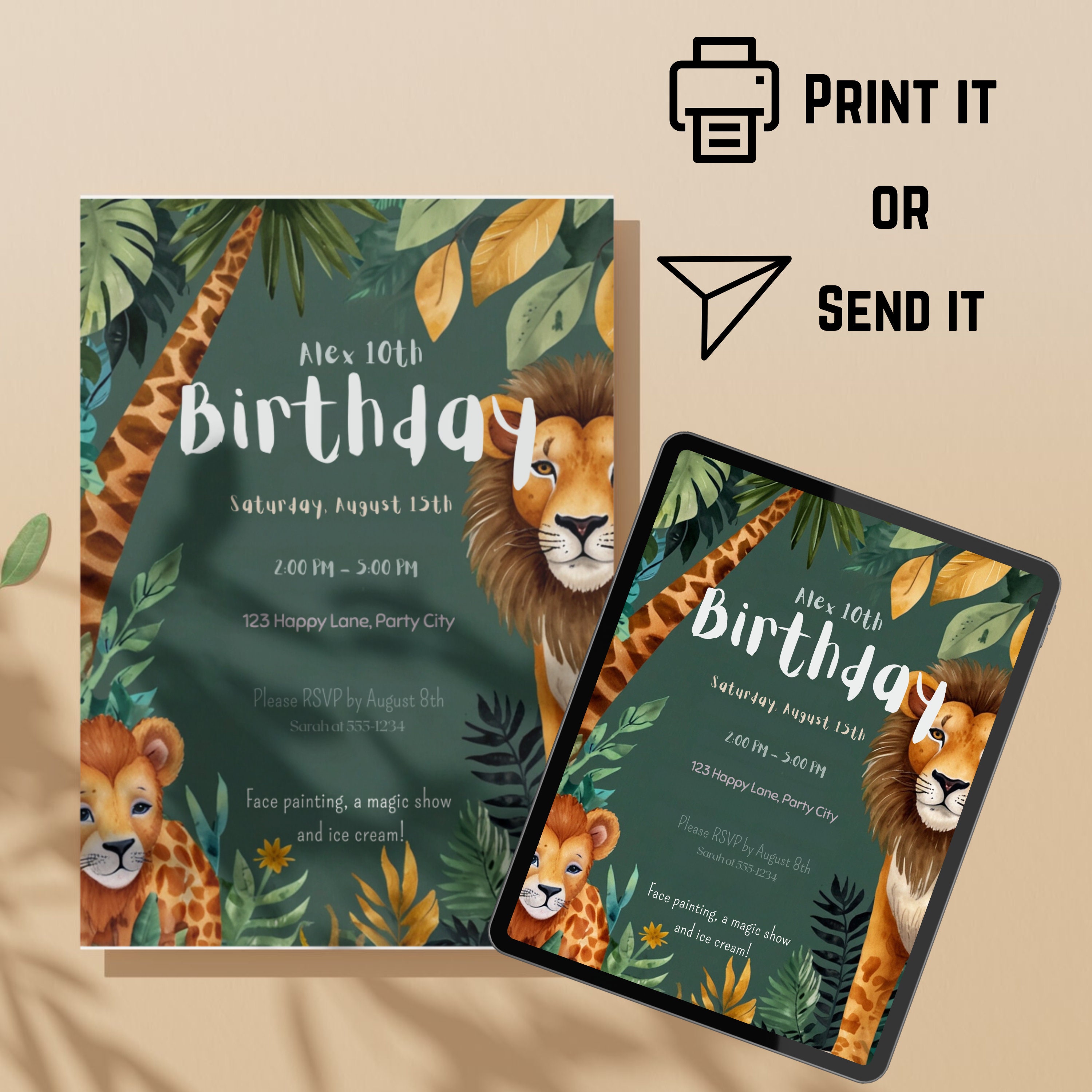 Jungle Safari Theme Birthday Invitation for Kids Party With Lions and ...