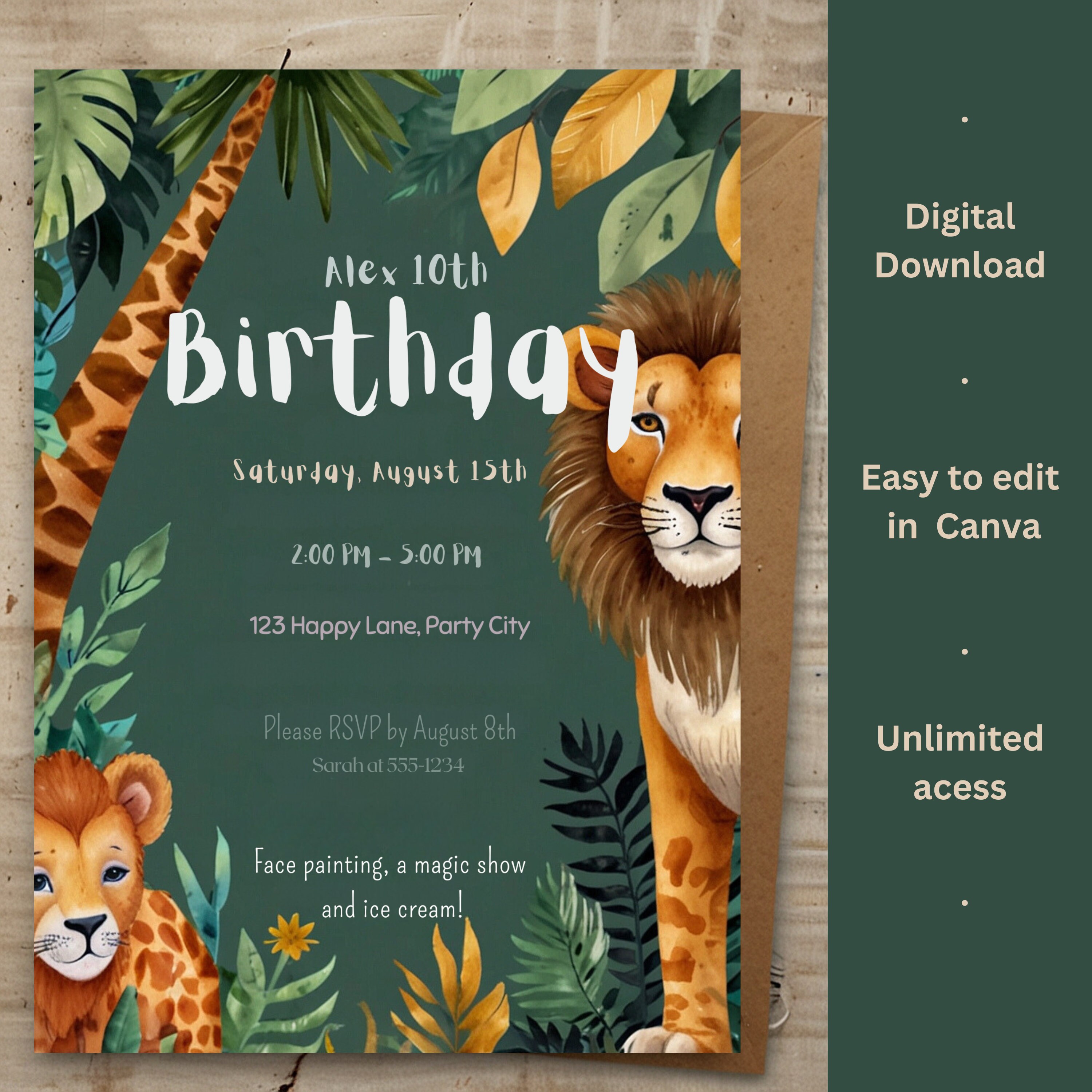 Jungle Safari Theme Birthday Invitation for Kids Party With Lions and ...