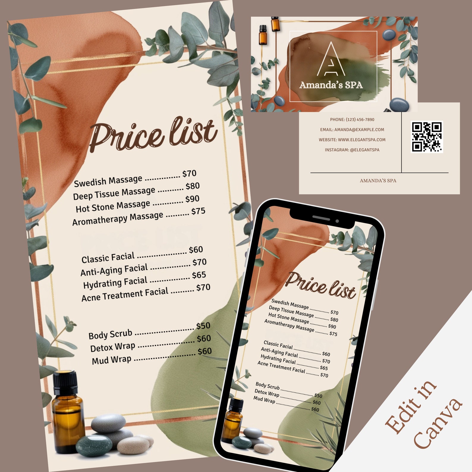 Editable Spa Price List and Business Card for Spa Owners Canva Template ...