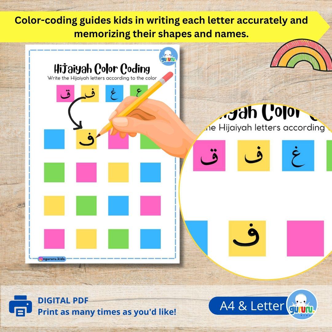 Hijaiyah Writing Printables With Color Coding- Arabic Alphabet Brain ...