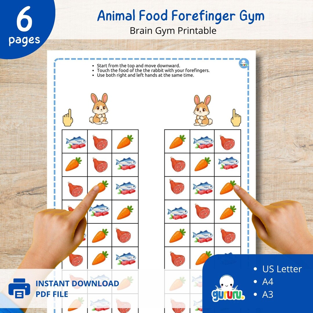 Animal Food Forefinger Brain Gym Printable Worksheets for Kids, Fine ...