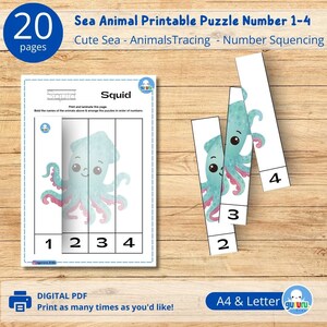 20 Sea Animal Printable Puzzle Number 1-4, Preschool Sea Puzzles ...