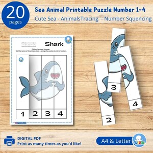 20 Sea Animal Printable Puzzle Number 1-4, Preschool Sea Puzzles ...