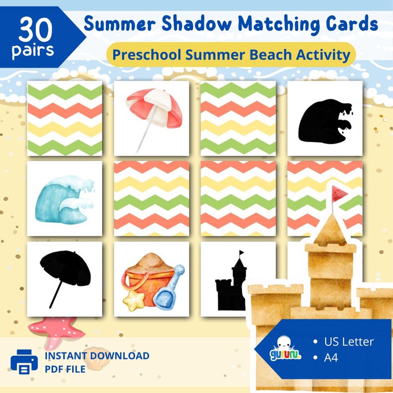 Shadow Matching Game: Summer Learning Activity for Kids (PDF A4 Letter ...