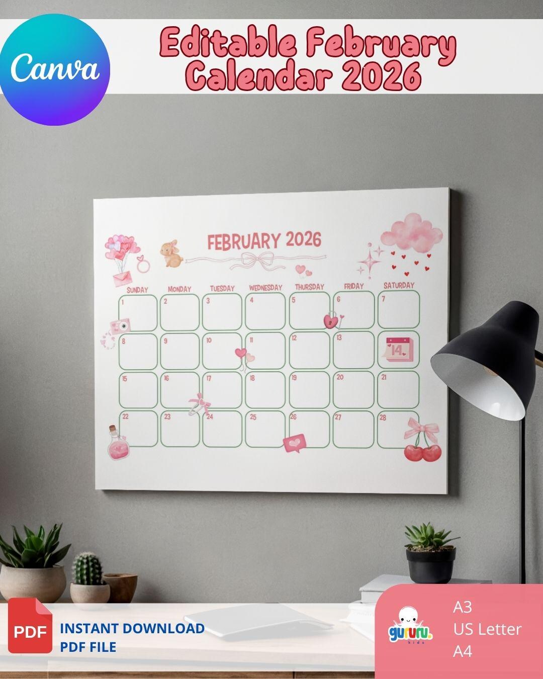 Editable February Calendar 2026 | Pink Coquette Monthly Planner ...
