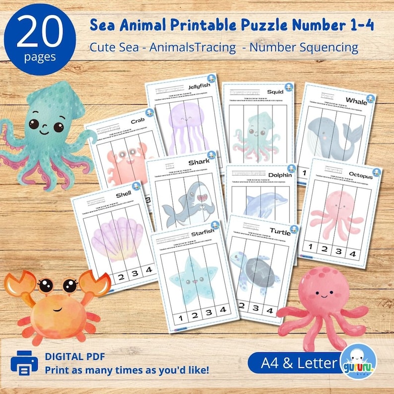 20 Sea Animal Printable Puzzle Number 1-4, Preschool Sea Puzzles ...