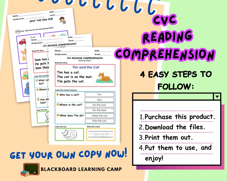 CVC Reading Comprehension Worksheets for Beginning Readers ...