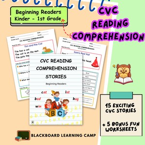 CVC Reading Comprehension Worksheets for Beginning Readers Kindergarten ...