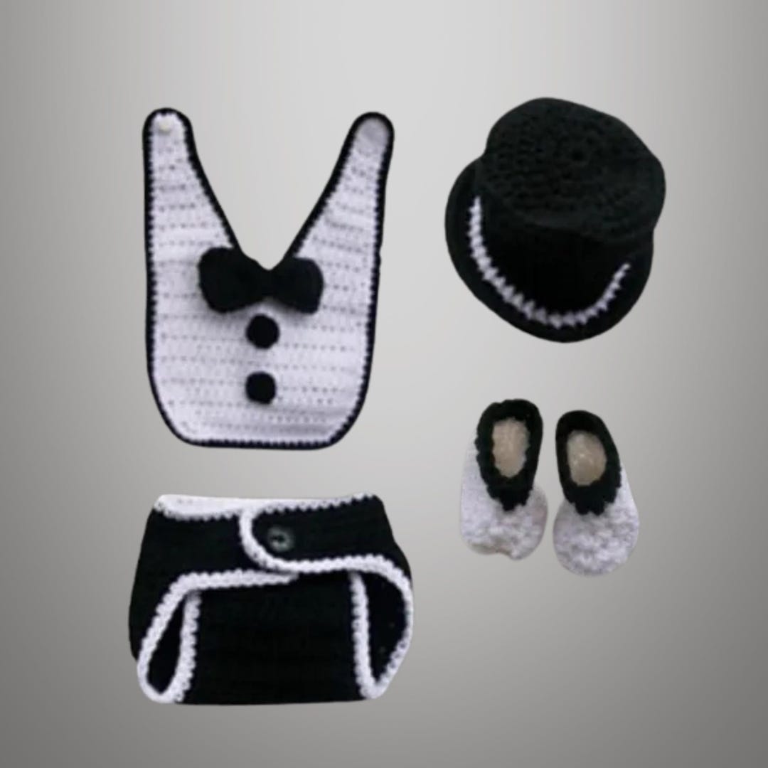 Baby in Black: Stylish Tuxedo Attire, Newborn Crochet Tuxedo Hat, Baby ...