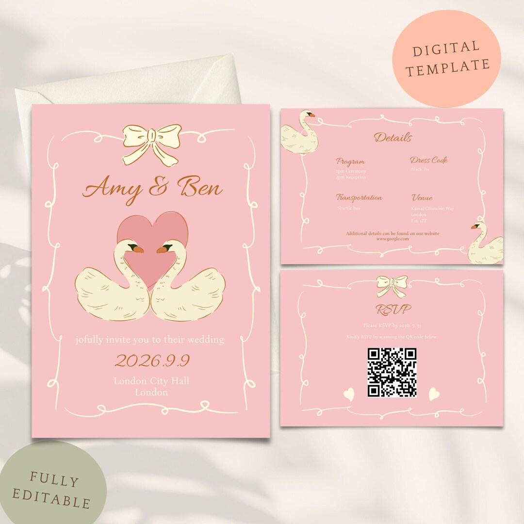 Colorful Pink Swan Wedding Invitation Suite, Editable Template, Hand ...