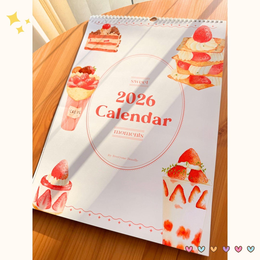 2026 Illustrated Desserts Wall Calendar, Cherry Strawberry Cakes ...