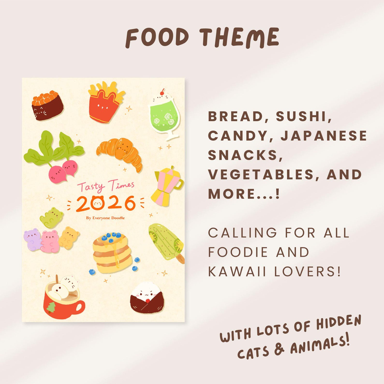 2026 Illustrated Kawaii Food Wall Calendar, Cute Sushi, Bread, Desserts ...