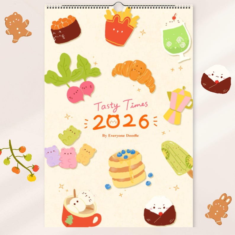 2026 Illustrated Kawaii Food Wall Calendar, Cute Sushi, Bread, Desserts ...