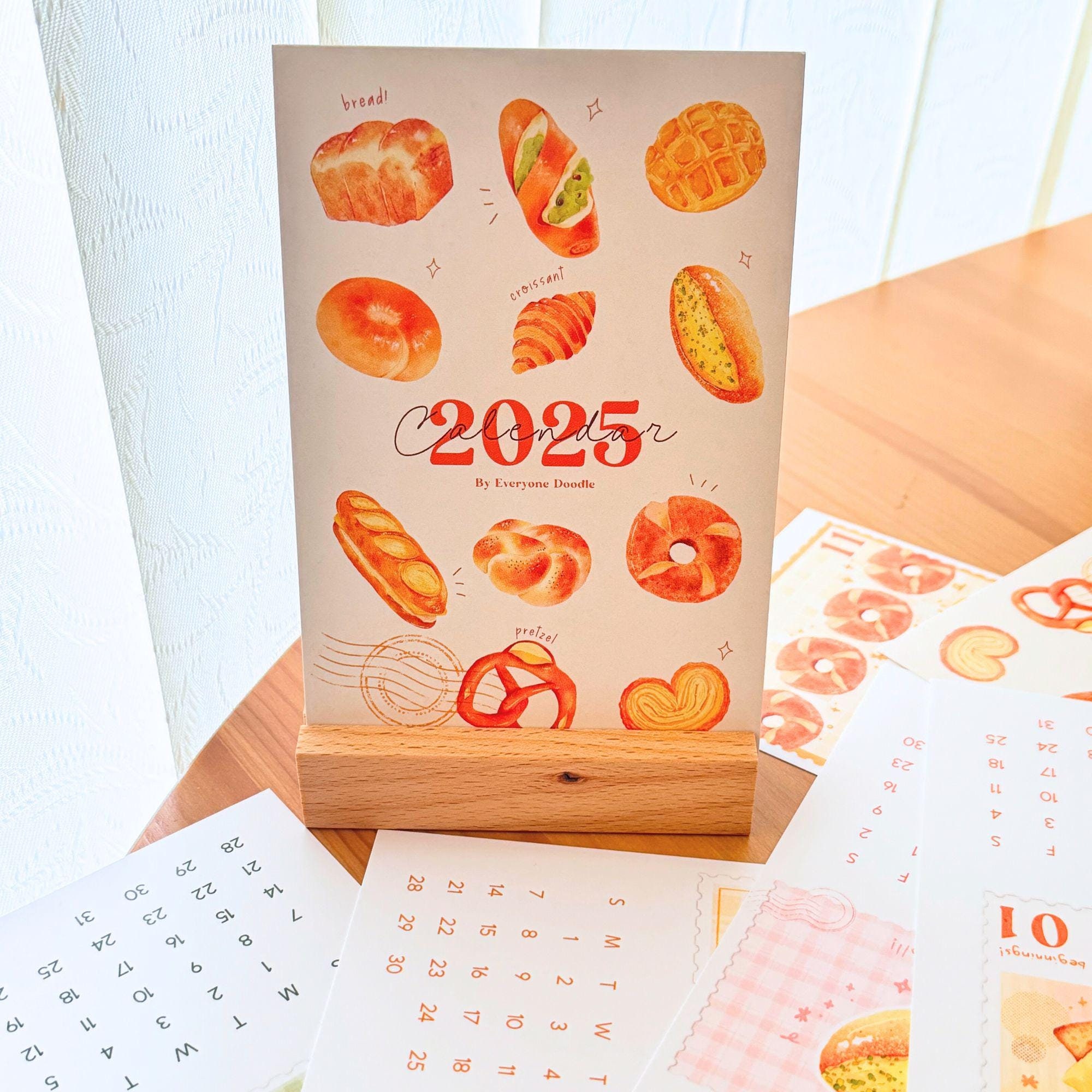2025 Desk Calendar With Wooden Stand, Bread Theme, Croissant, Bagel ...