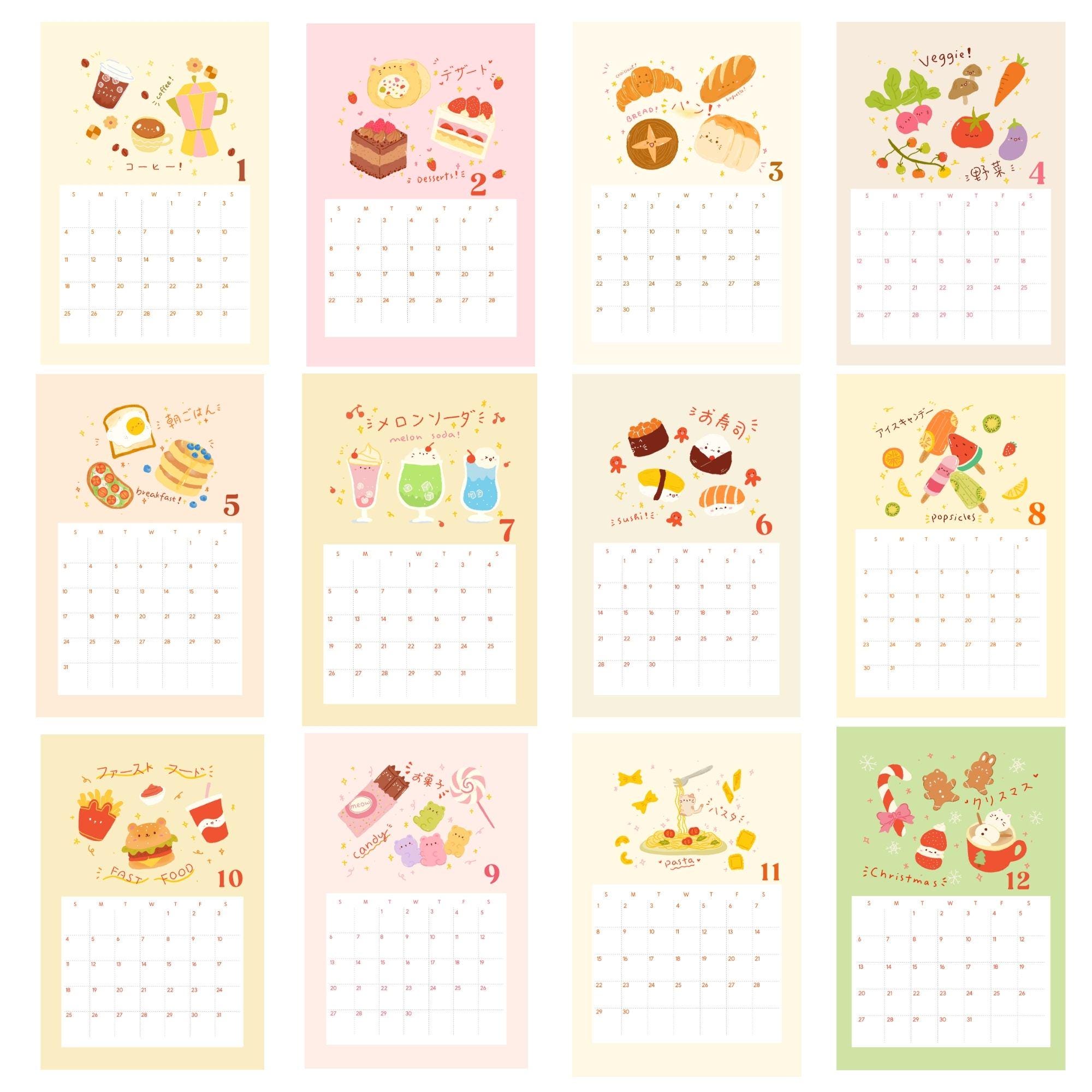 2026 Illustrated Kawaii Food Wall Calendar, Cute Sushi, Bread, Desserts ...