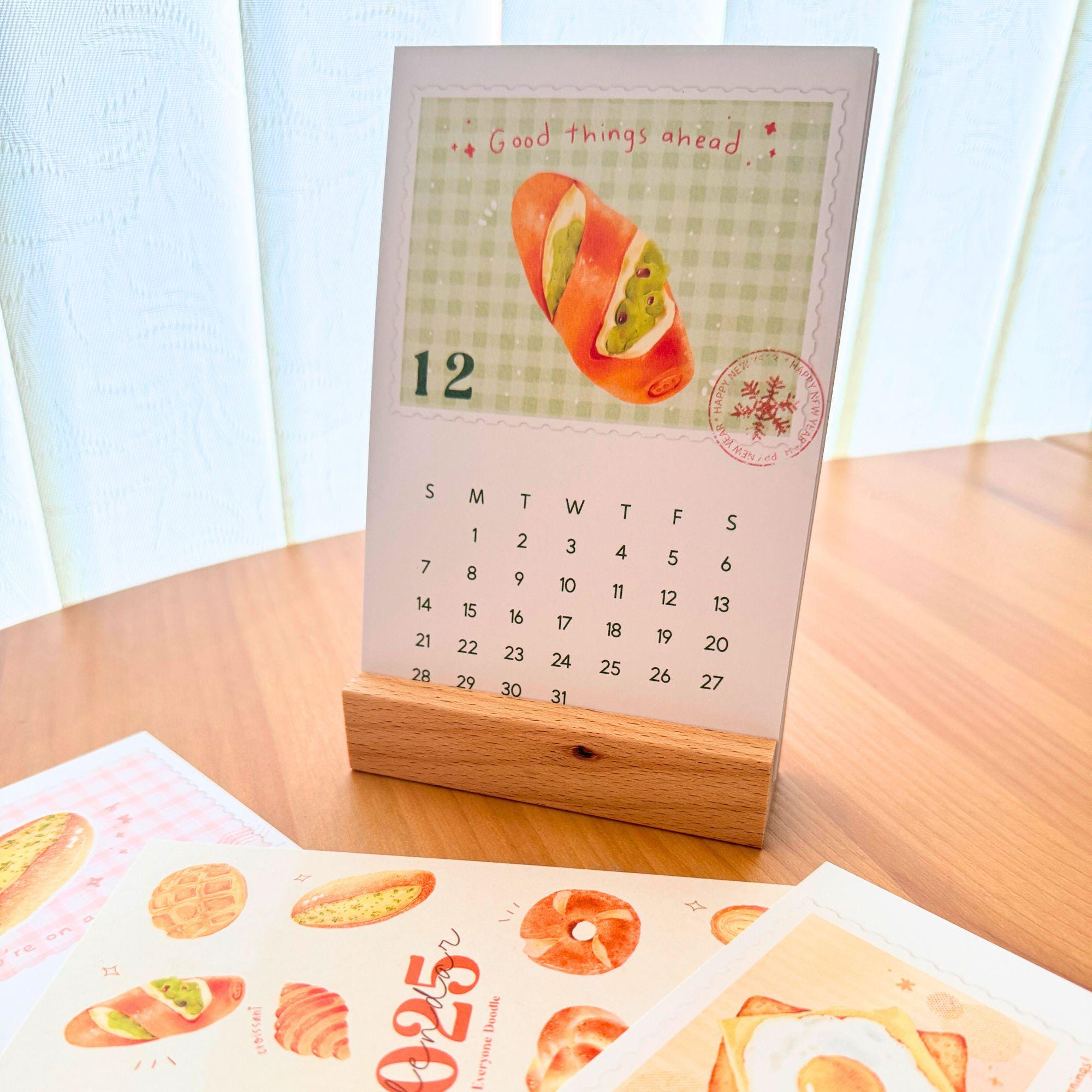 2025 Desk Calendar With Wooden Stand, Bread Theme, Croissant, Bagel ...