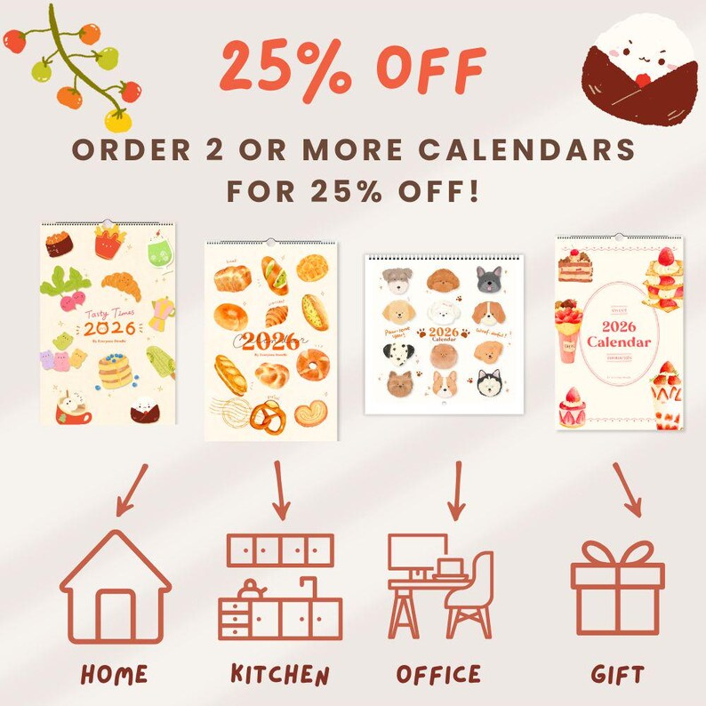2026 Illustrated Kawaii Food Wall Calendar, Cute Sushi, Bread, Desserts ...
