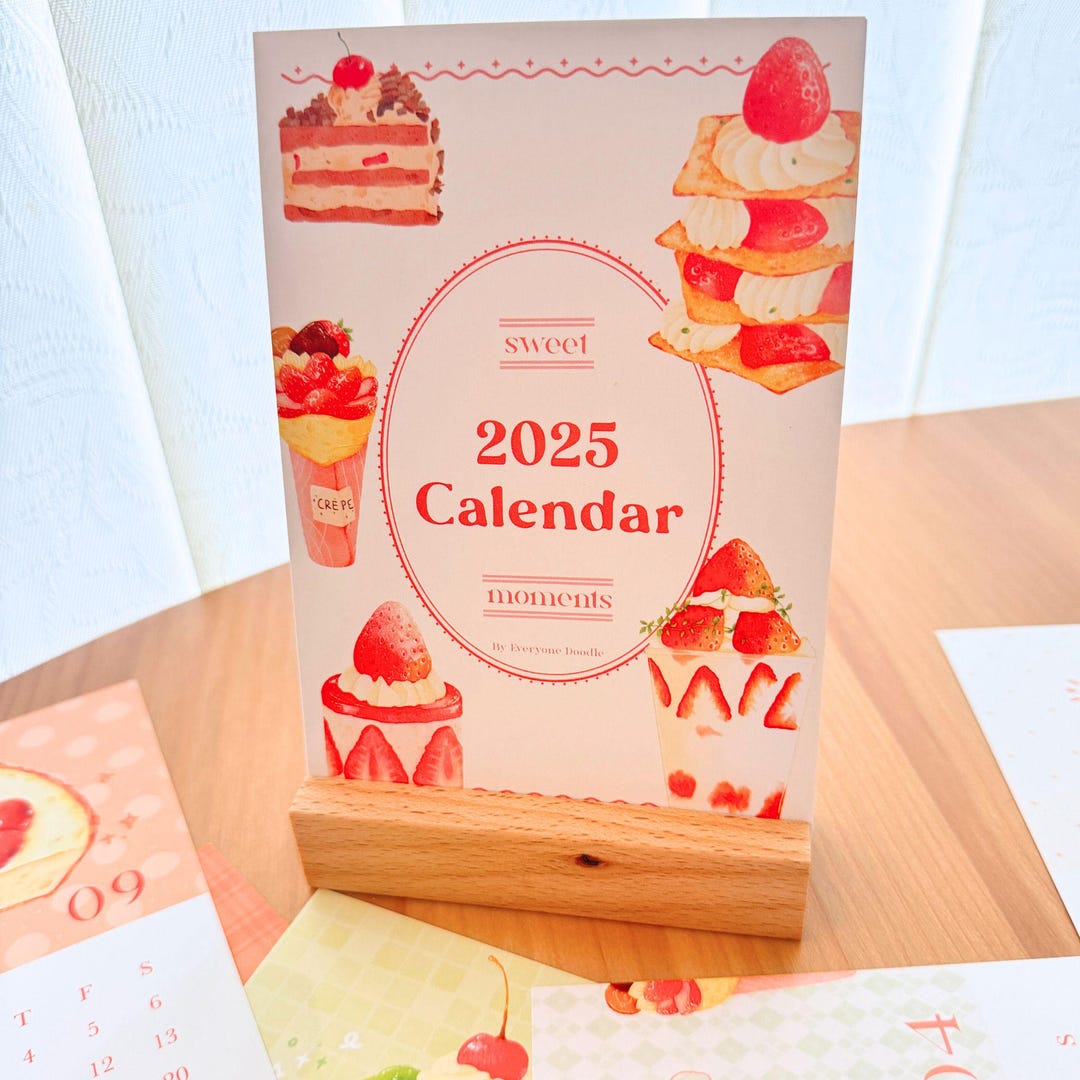 2025 Desserts Desk Calendar With Wooden Stand, With Strawberry Cakes ...