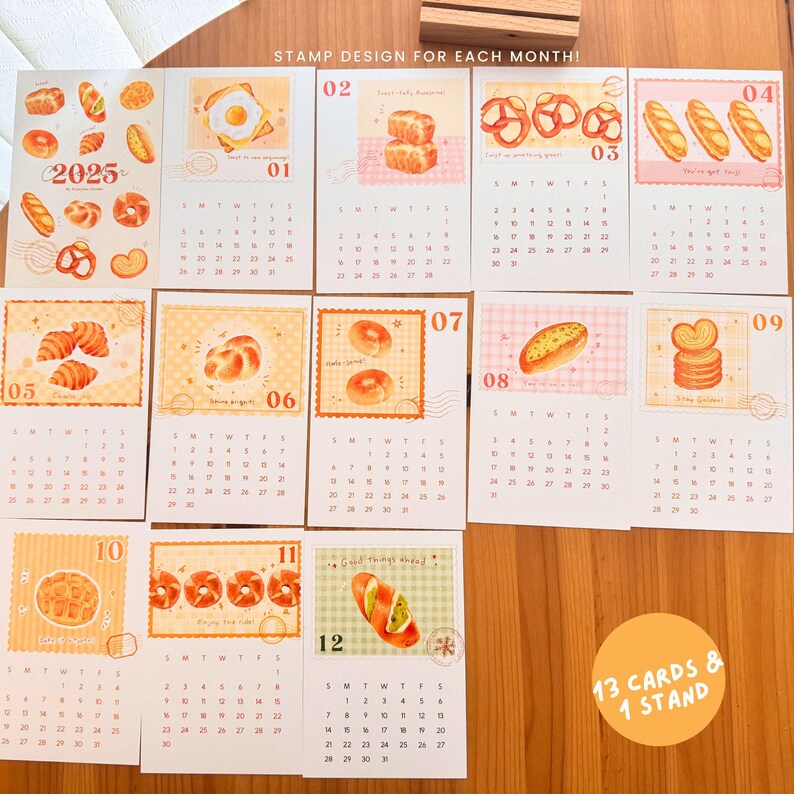 2025 Desk Calendar With Wooden Stand, Bread Theme, Croissant, Bagel ...