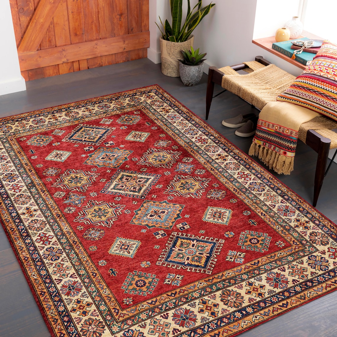 Red Geometric Tribal Rug: Vintage Style Cotton Chenille Area Rug - Etsy