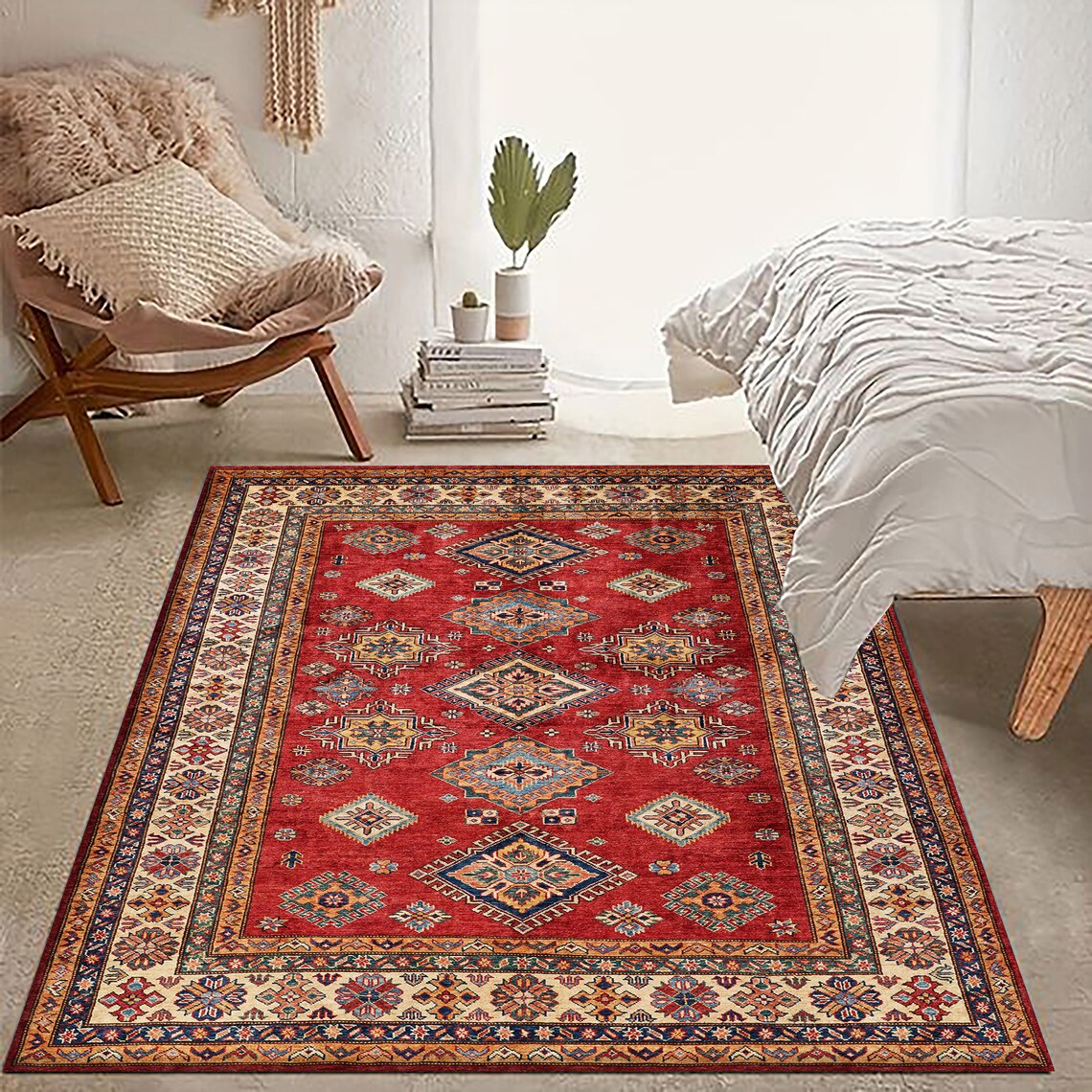 Red Geometric Tribal Rug: Vintage Style Cotton Chenille Area Rug - Etsy