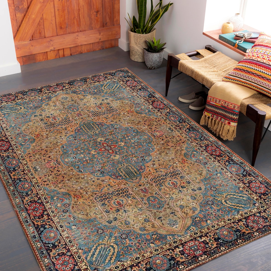 Blue Gold Oriental Rug 8x10, Heriz Rug, Oversize Large Rug 10x13 ...