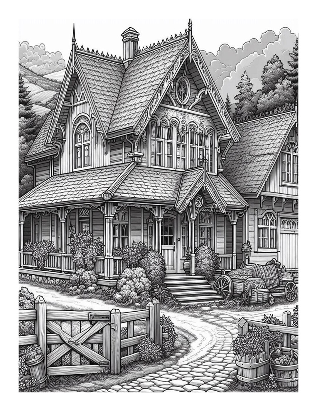 Country Homes Coloring Pages for Adults: Grayscale Printable (25 Pages ...