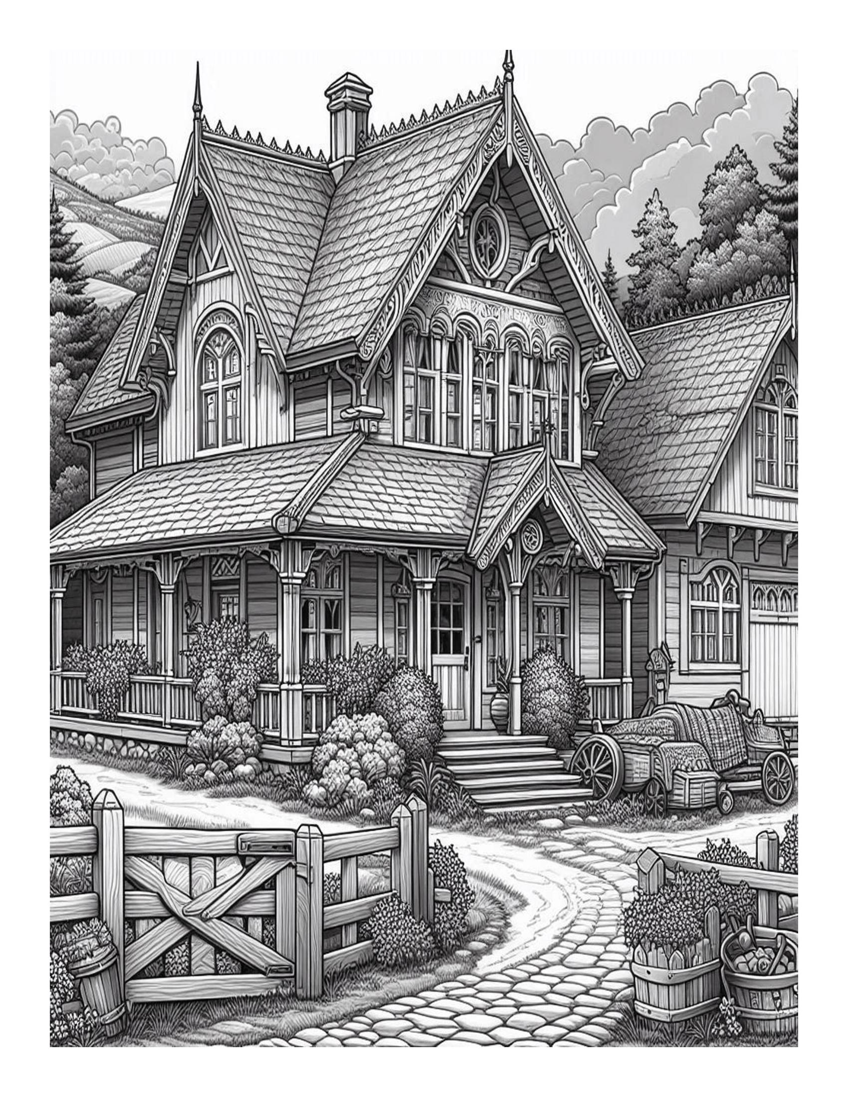 Country Homes Coloring Pages for Adults: Grayscale Printable (25 Pages ...