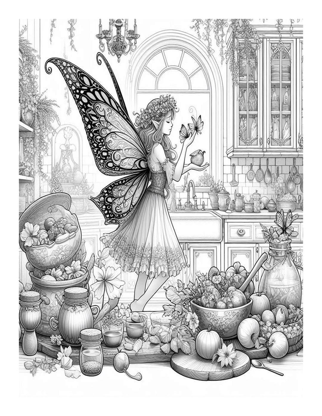 Fairy Kitchen Coloring Pages for Adults: Grayscale Printable Art (25 ...