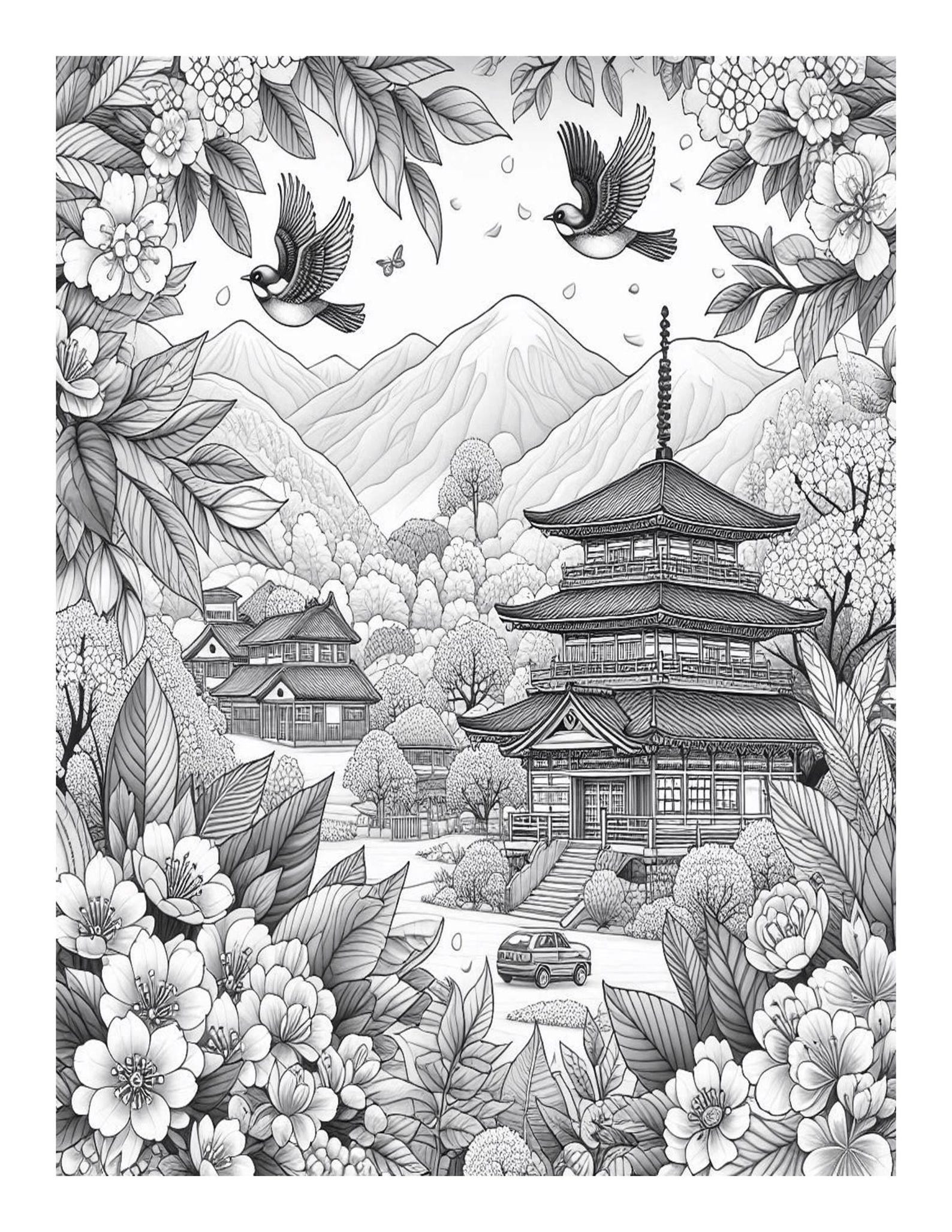 Beautiful Springtime Scenes Grayscale Coloring Pages for Adults ...