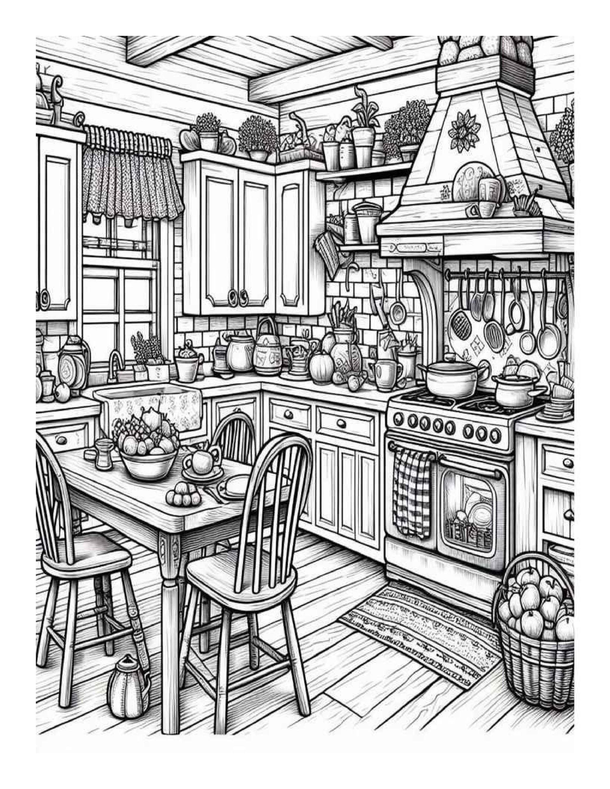 Country Kitchen Coloring Pages for Adults: 25 Printable Designs (PDF ...