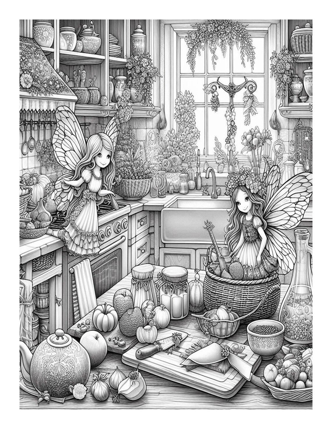 Fairy Country Kitchen Grayscale Coloring Pages for Adults (printable ...
