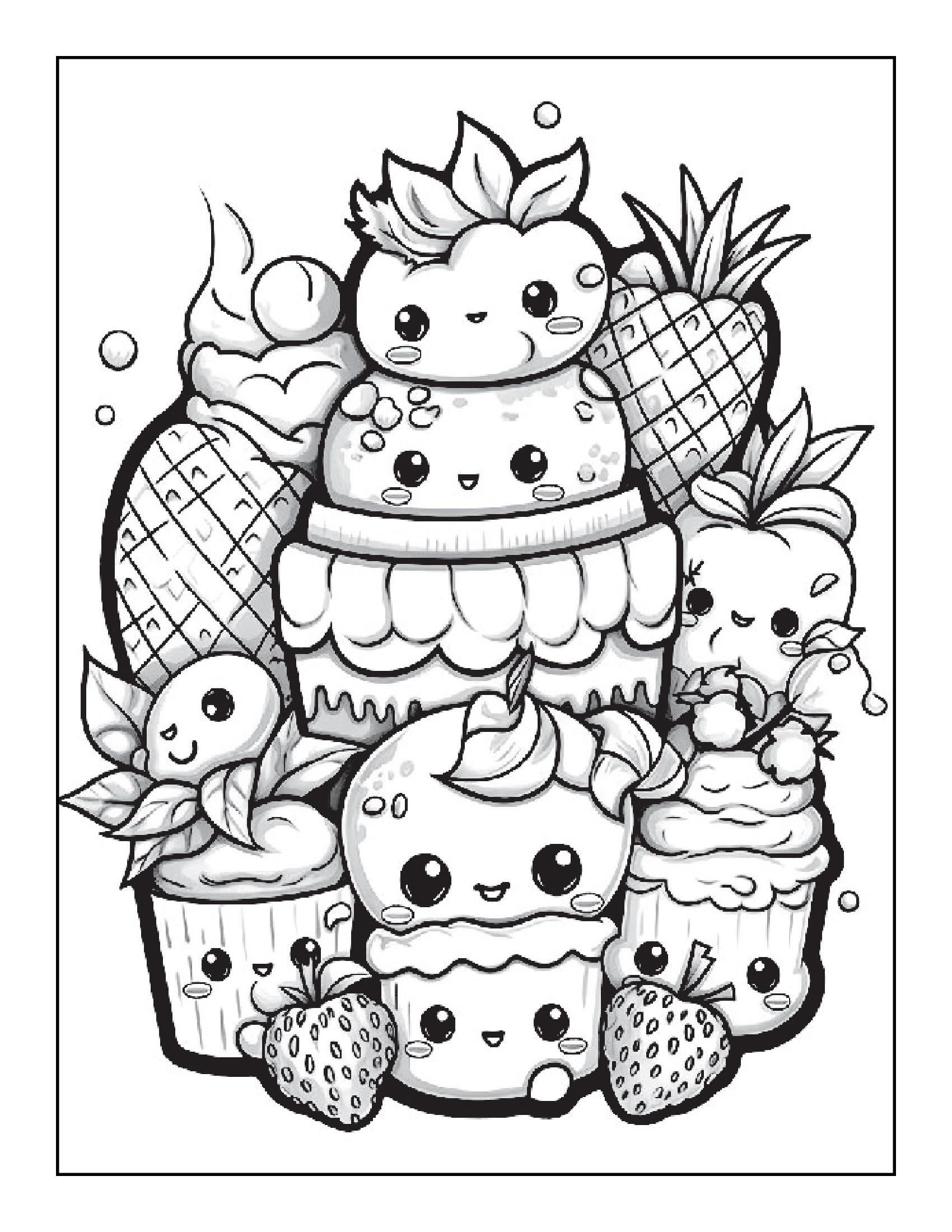 Kawaii Food Coloring Pages, 100 Page Adult Coloring Book (instant PDF ...