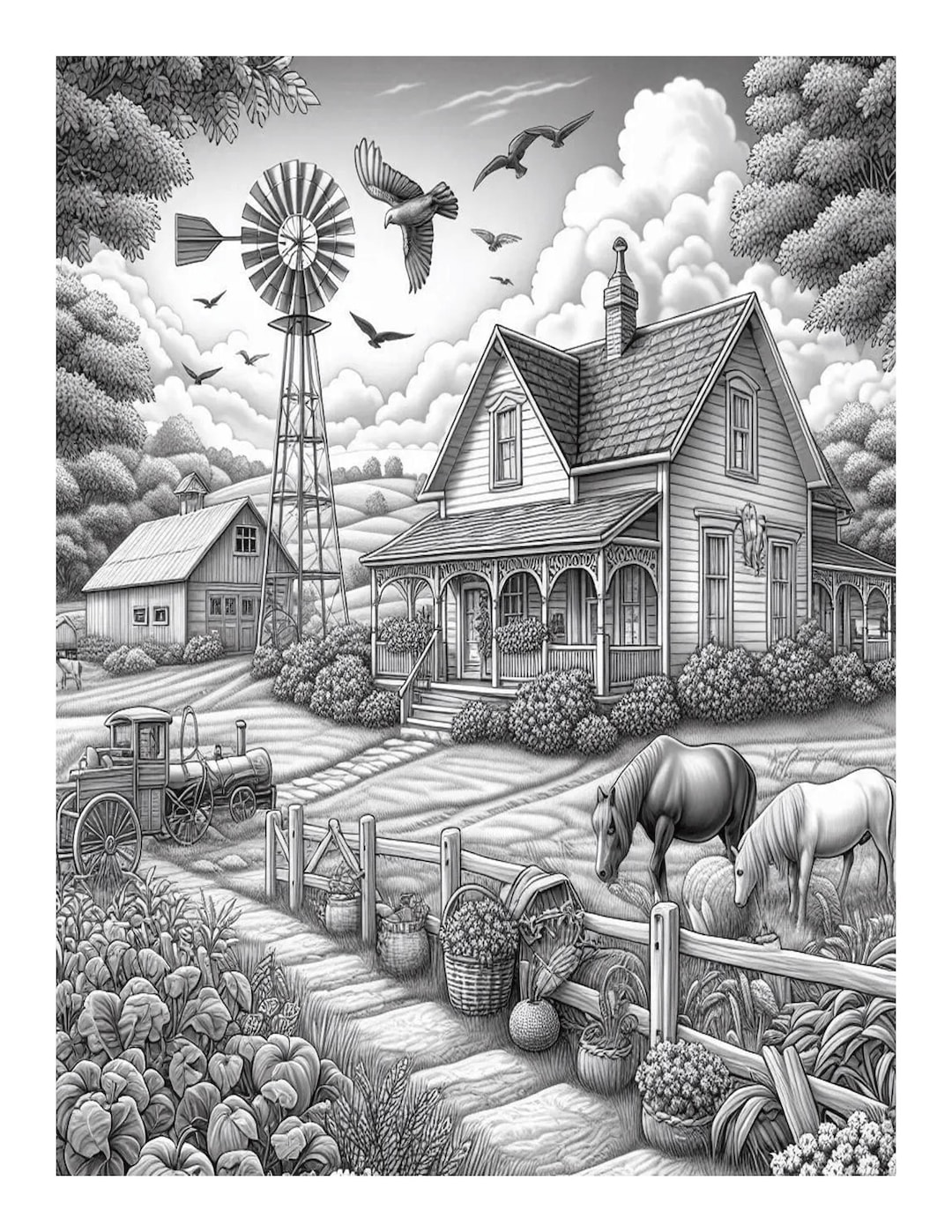Country Life Grayscale Coloring Pages For Adults Stress Relief