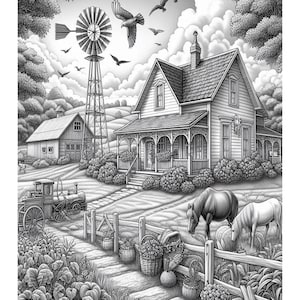 Beautiful Country Life Grayscale Coloring Pages for Adults, Features 25 ...
