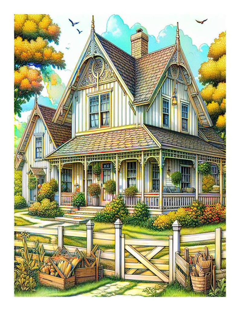 Country Homes Coloring Pages for Adults: Grayscale Printable (25 Pages ...