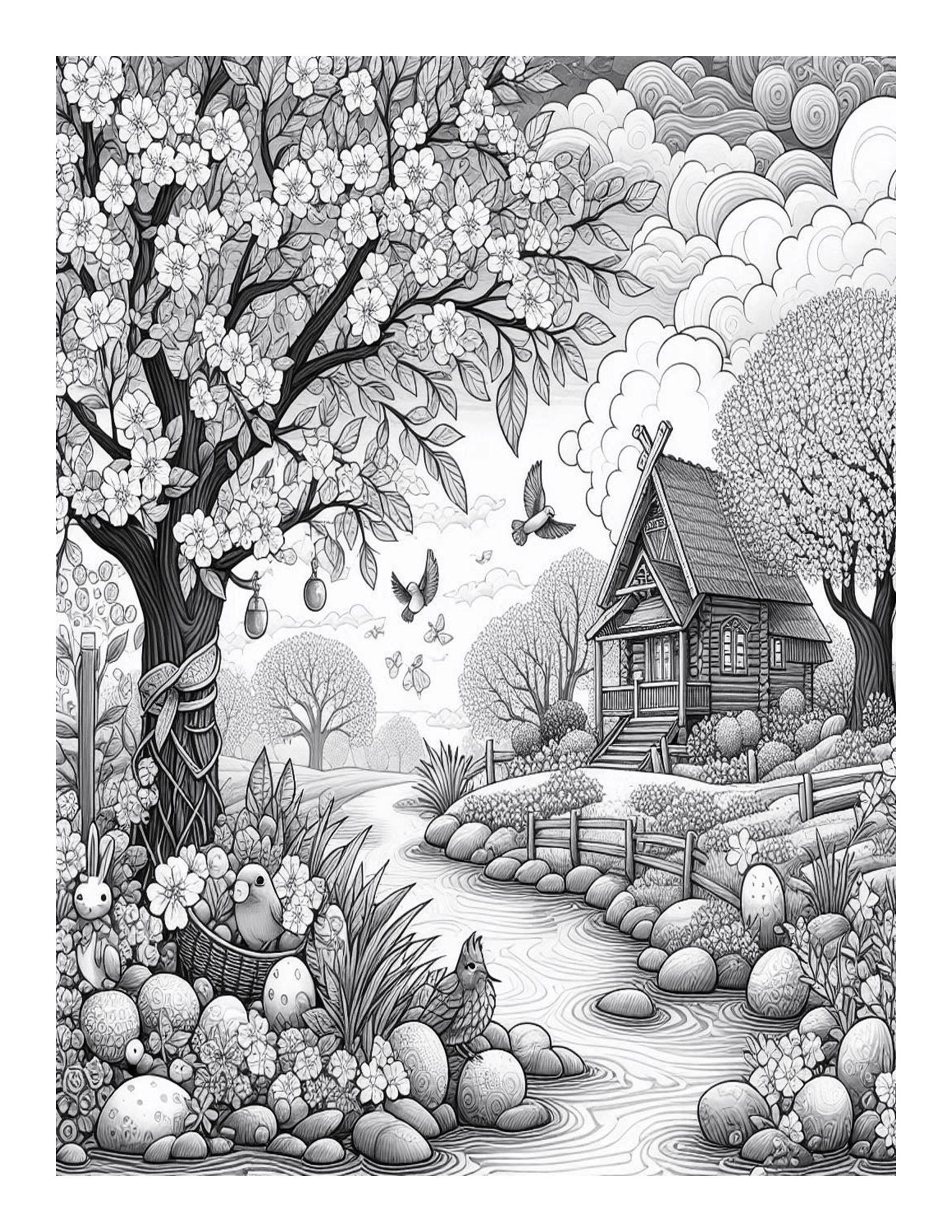 Beautiful Springtime Scenes Grayscale Coloring Pages for Adults ...