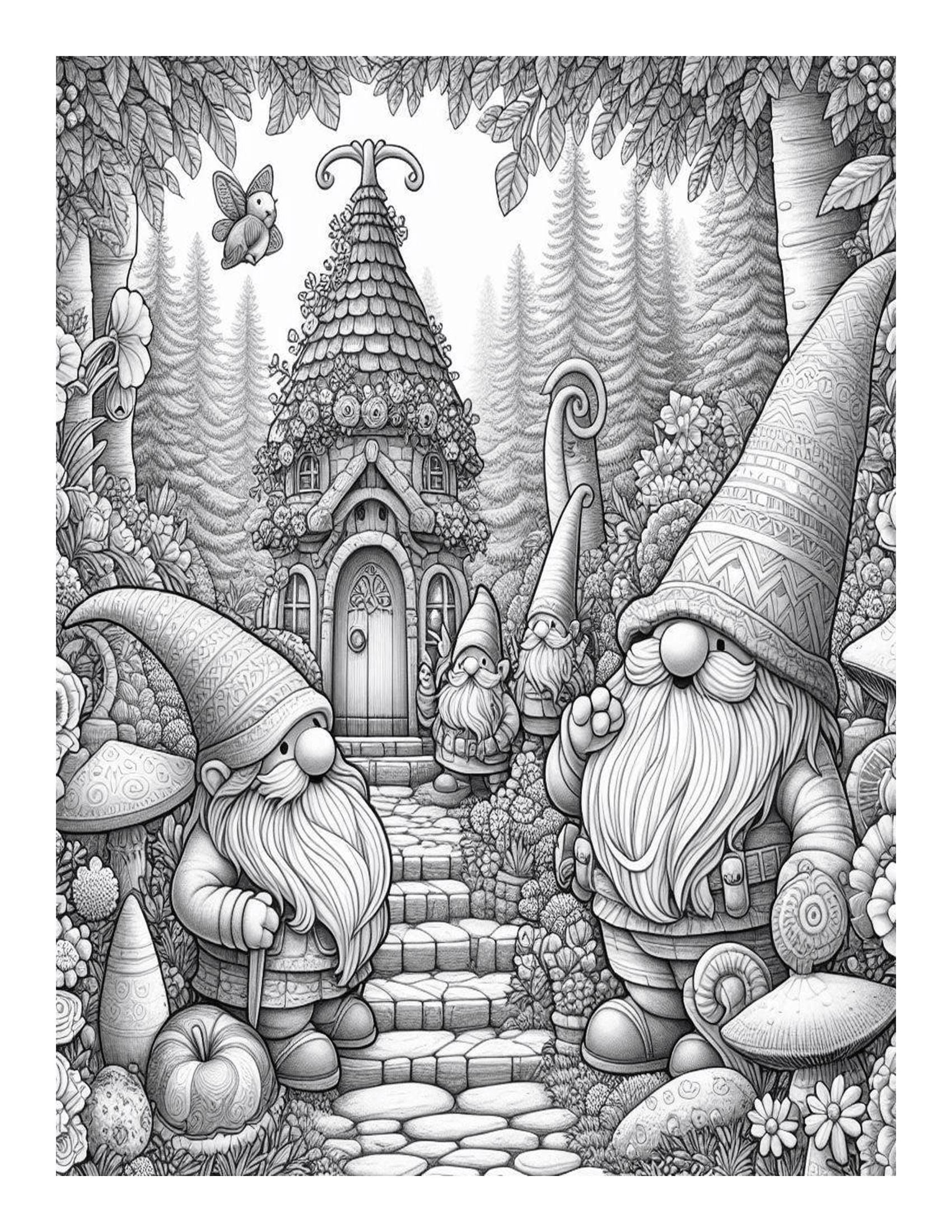 Gnomes Garden Grayscale Coloring Pages for Adults (PDF Download) - Etsy