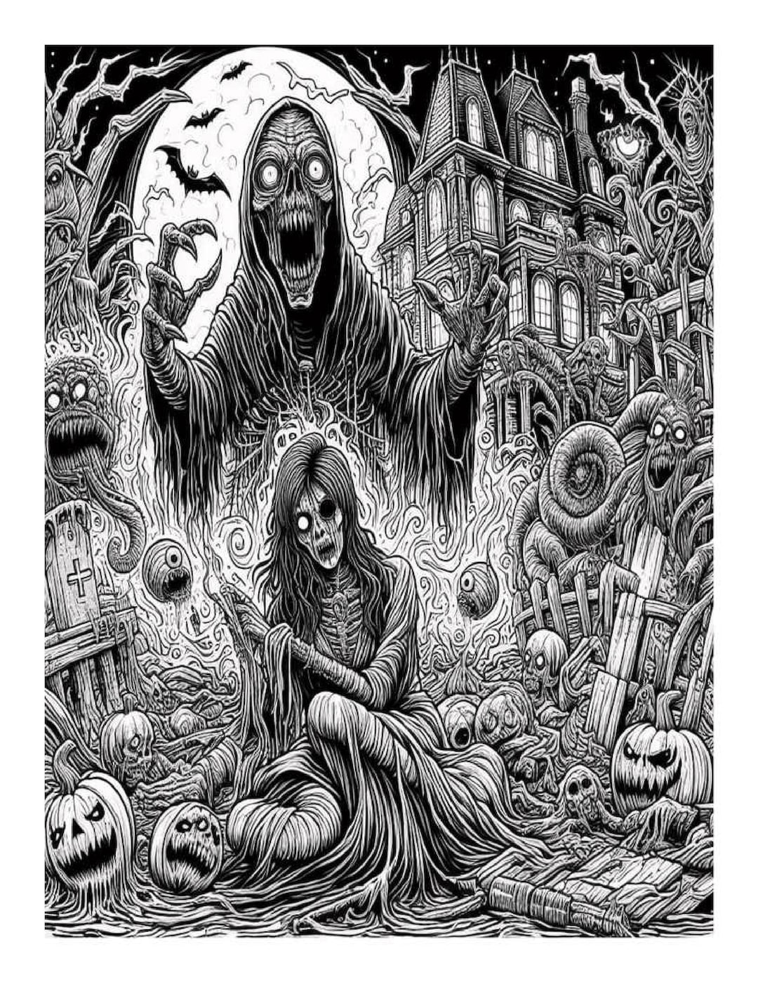 Creepy Halloween Coloring Pages for Adults (printable) - Etsy