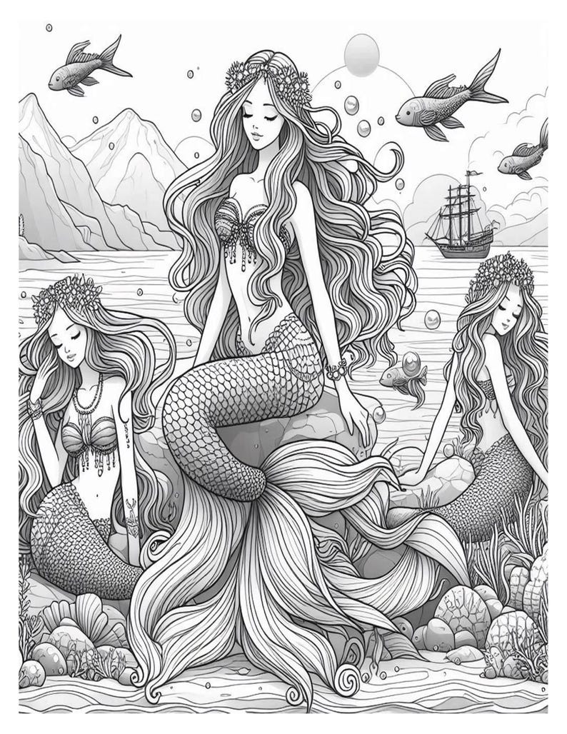 Grayscale Mermaid Coloring Pages for Adults: Ocean Sea Designs ...