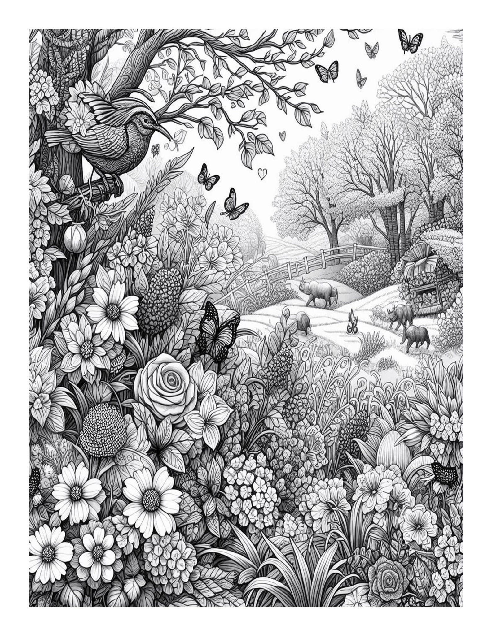 Beautiful Springtime Scenes Grayscale Coloring Pages for Adults ...
