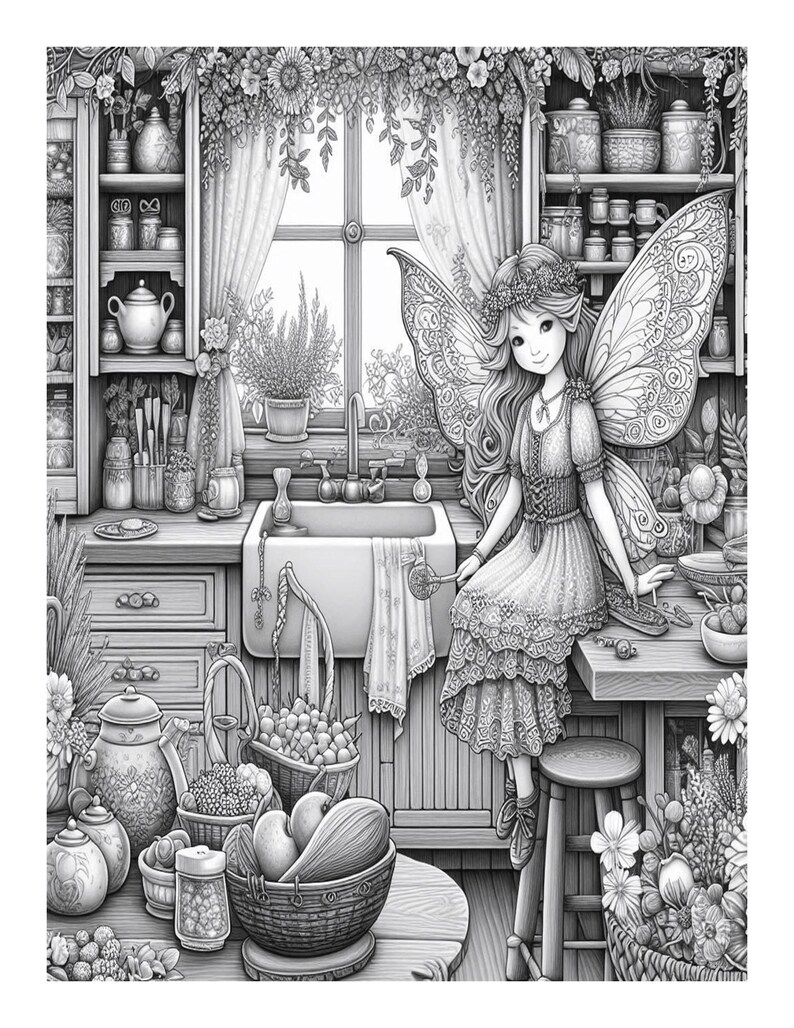 Fairy Country Kitchen Grayscale Coloring Pages for Adults (printable ...