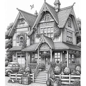 Country Homes Coloring Pages for Adults: Grayscale Printable (25 Pages ...