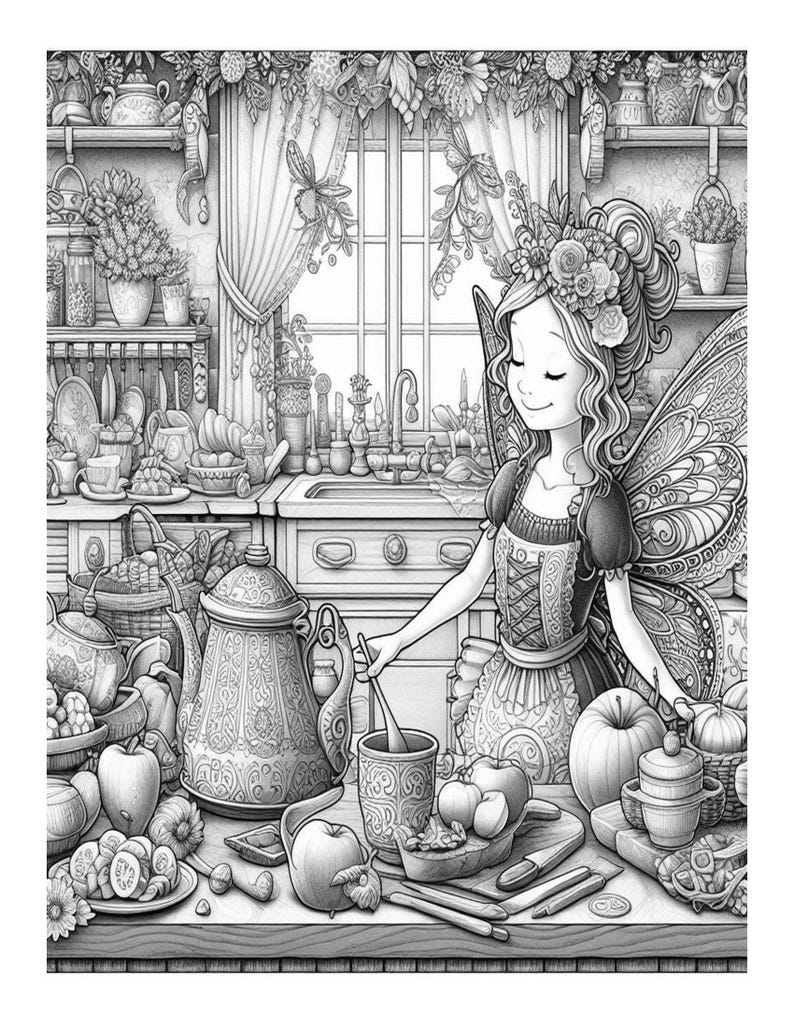 Fairy Country Kitchen Grayscale Coloring Pages for Adults (printable ...