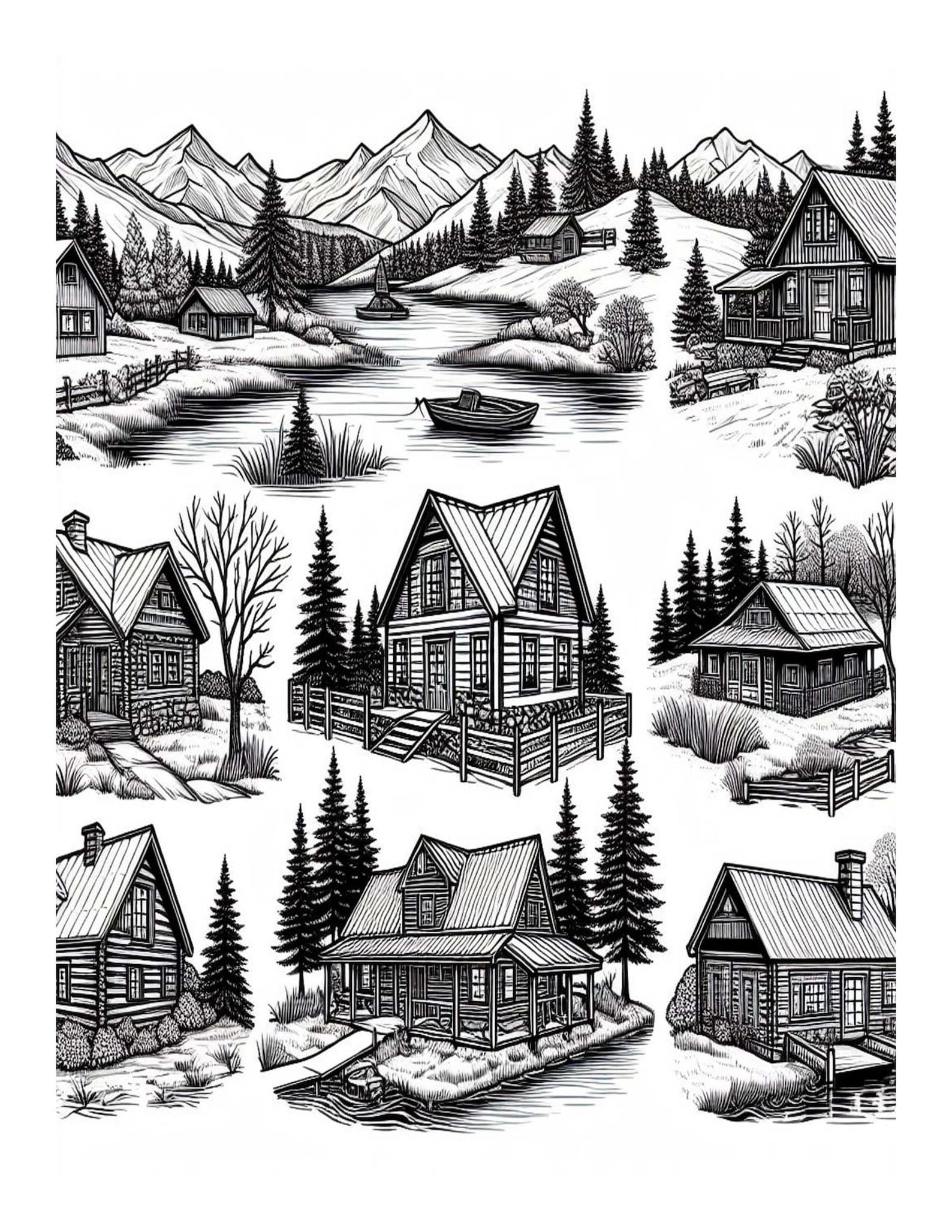 Country Cabins Coloring Pages for Adults: 25 Printable Designs (PDF ...