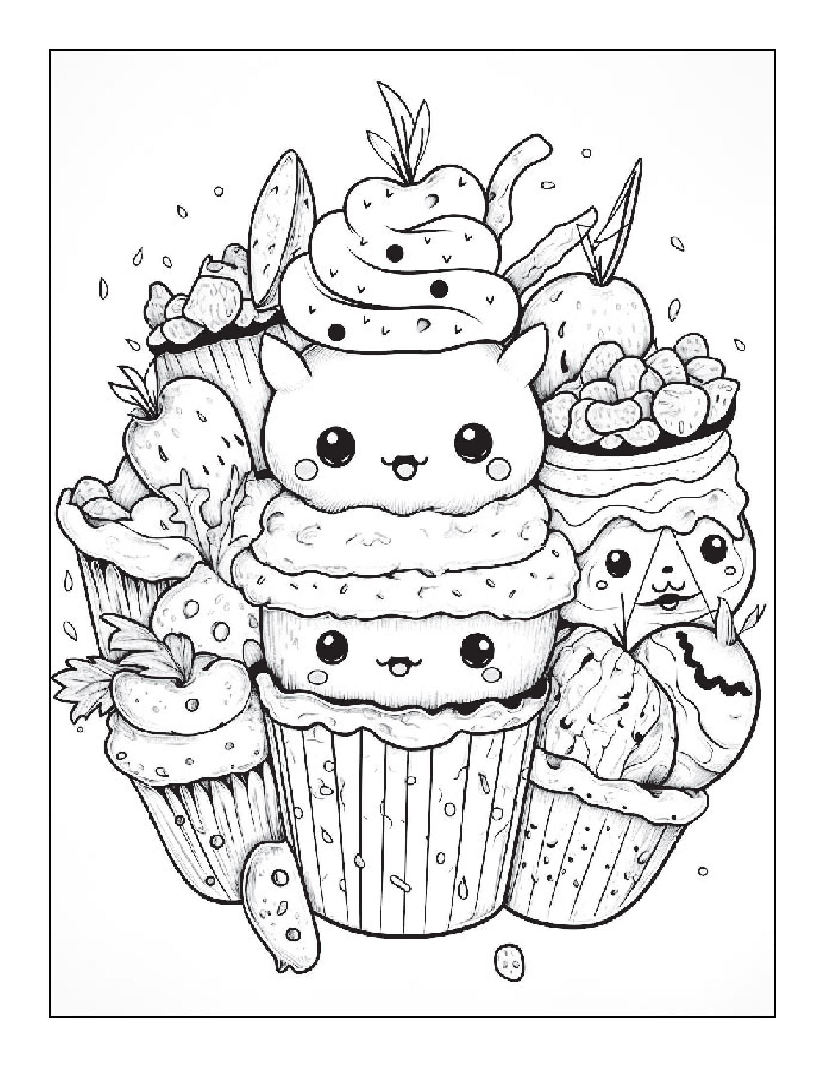 Kawaii Food Coloring Pages, 100 Page Adult Coloring Book (instant PDF ...