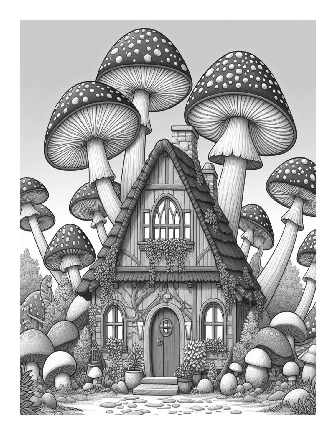 Mushroom House Coloring Pages: Fairytale Grayscale Art (25 Printable ...